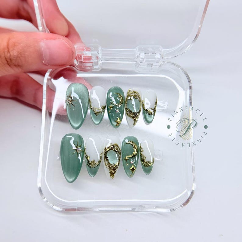 Aura Green Cat Eye Press on Nails, Gold Chrome Celestial Handmade Nails ...