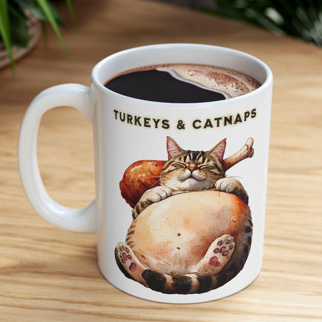 Thanksgiving Cat Ceramic Mug, Cute Cat Nap Coffee Cup, Funny Holiday ...