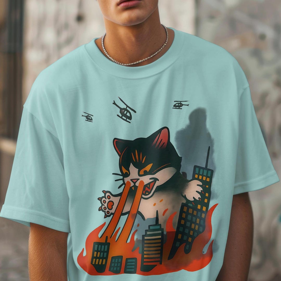 Monster Cat Destroys Metropolis Comfort Color Tee, Fun Graphic T-shirt ...