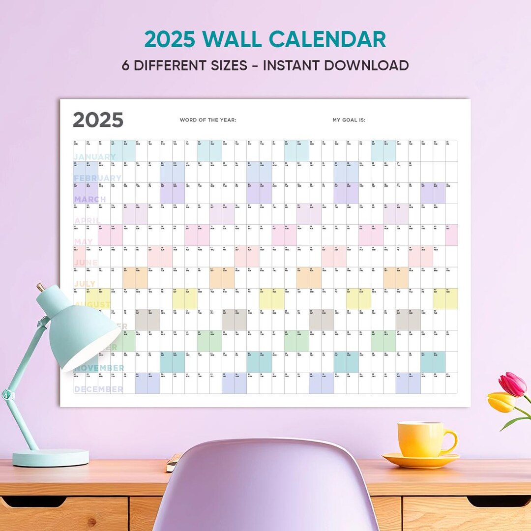 2025 Printable Year Planner | Yearly Wall Calendar | Rainbow Year ...