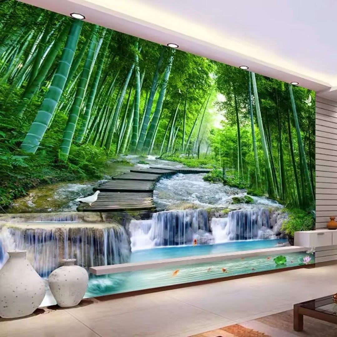 Waterfall Wall Mural, Waterfall Wallpaper, Forest Wallpaper, Trees ...