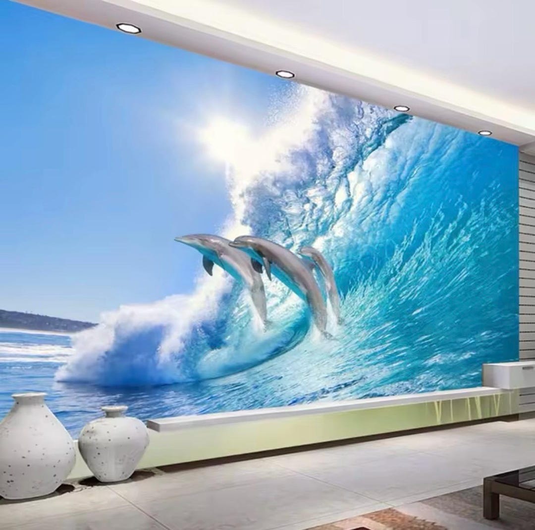 Dolphin Wall Mural, Waves Wall Mural, Ocean Wall Mural, Dolphin ...