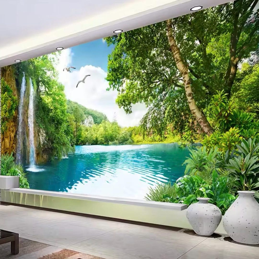 Waterfall Wall Mural, Waterfall Wallpaper, Forest Wallpaper, Trees ...
