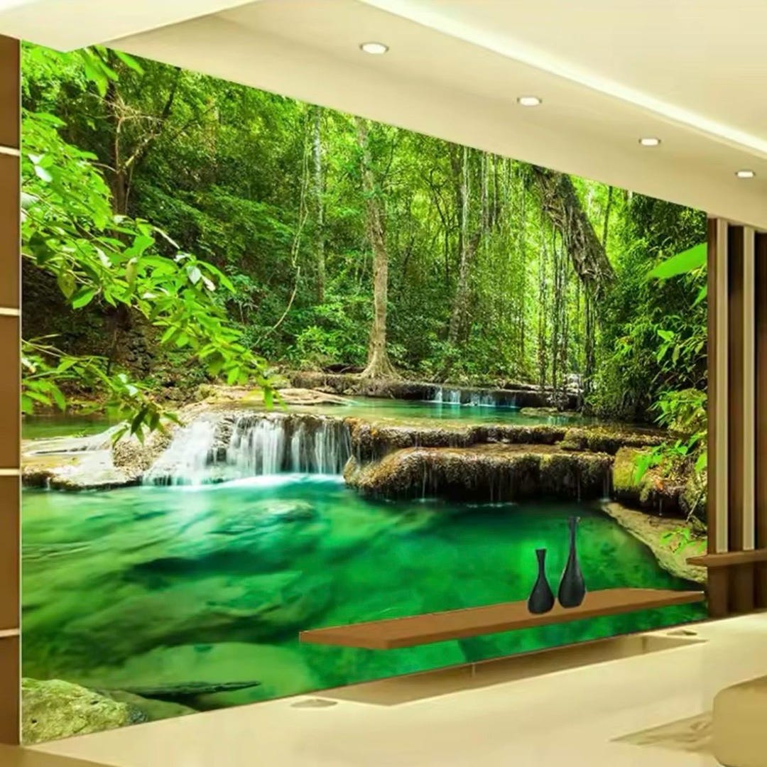 Waterfall Wall Mural, Waterfall Wallpaper, Forest Wallpaper, Trees ...