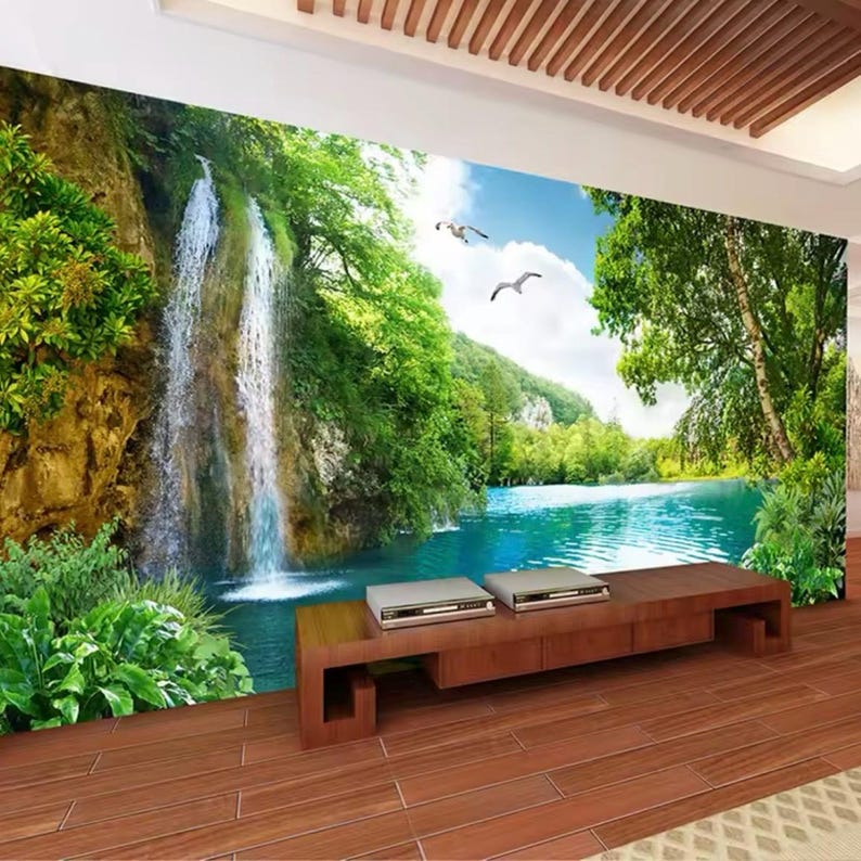 Waterfall Wall Mural, Waterfall Wallpaper, Forest Wallpaper, Trees ...
