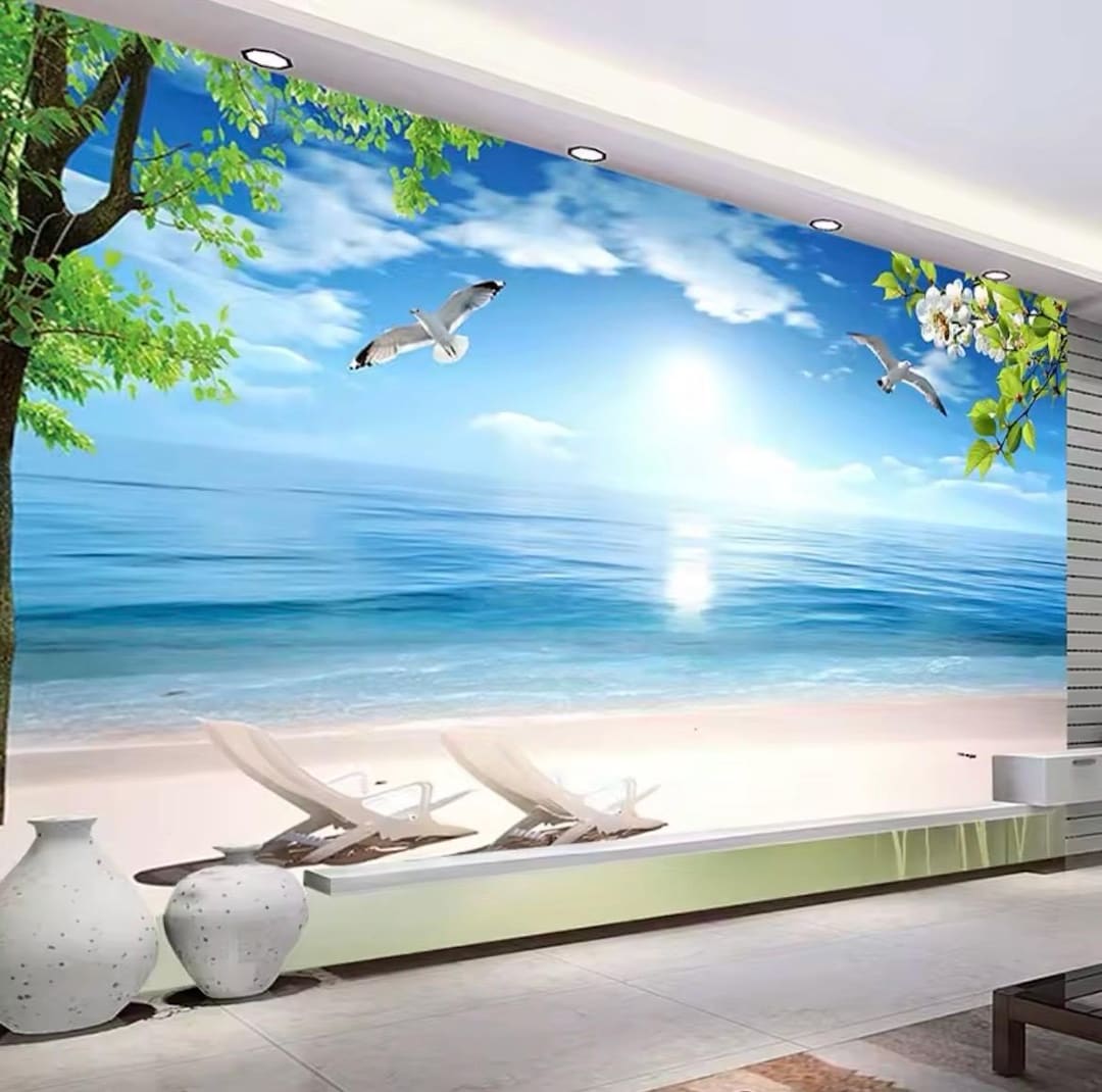 Beach Wallpaper, Beach Wall Mural, Ocean Wallpaper, Birds, Nature ...