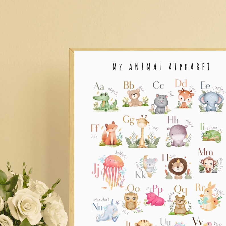 Watercolor Animal Alphabet Poster – Cute ABC Wall Decor for Playroom ...