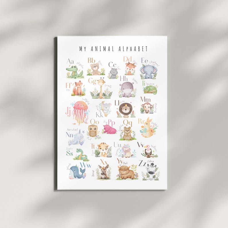Watercolor Animal Alphabet Poster – Cute ABC Wall Decor for Playroom ...