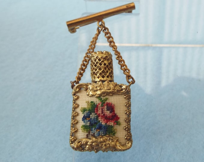 Perfume Bottle Brooch Vintage 1940s Brass & Embroidered Floral - Etsy