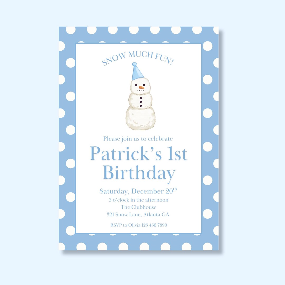 Snowman Party Invitation Template, Blue and White Polka Dot (canva ...
