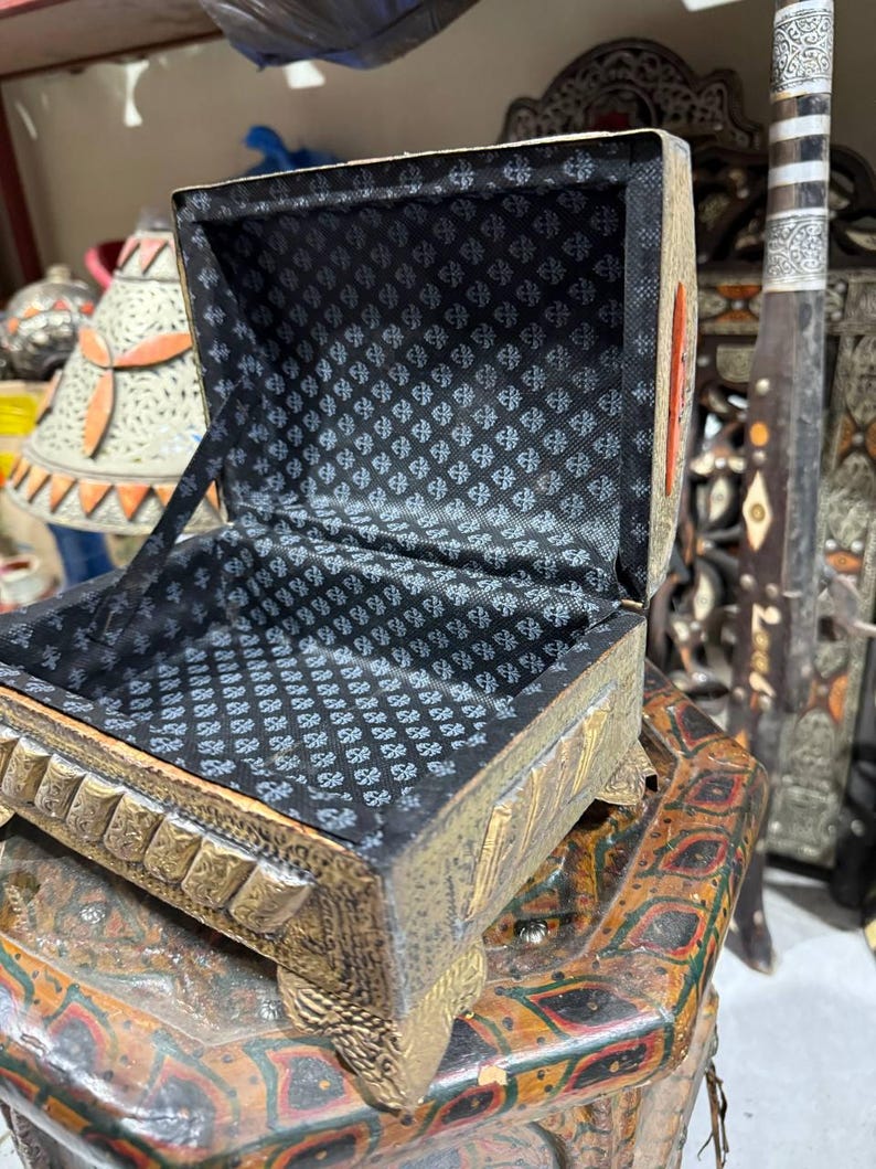 Handmade Moroccan Jewelry Box Engraved Metal Orange Inlay Keepsake Box ...