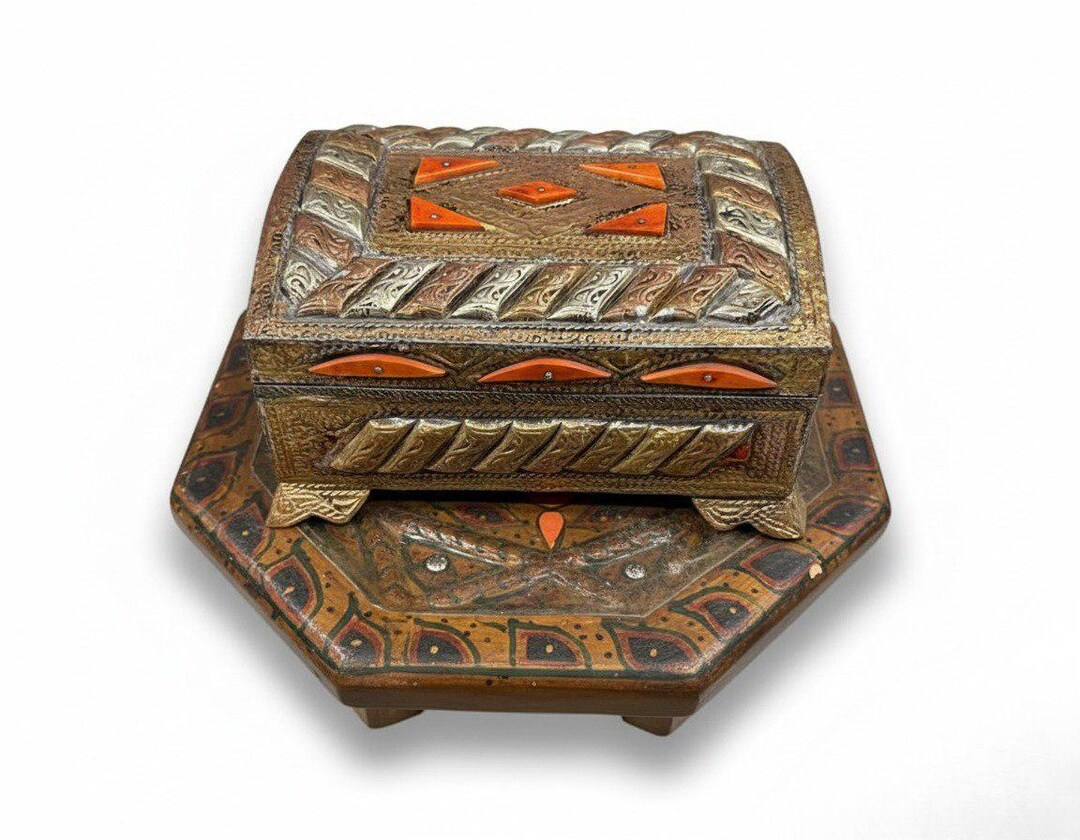 Handmade Moroccan Jewelry Box Engraved Metal Orange Inlay Keepsake Box ...