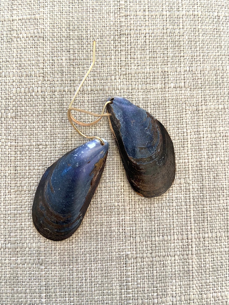 Handmade Mussel Shell Earrings – Green & Gold Wave Print, 14k Gold ...