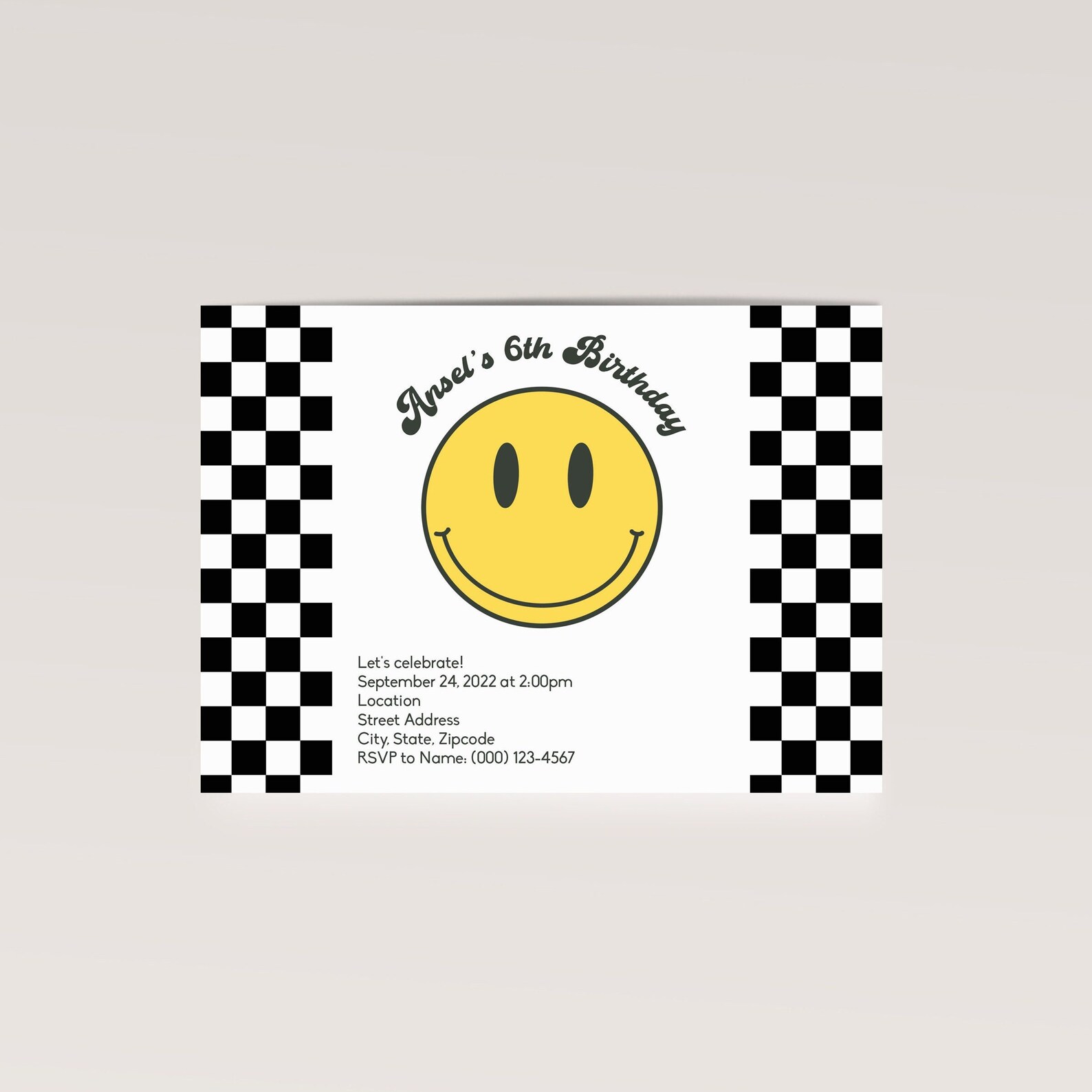 Black Checkered With Yellow Smiley Happy Face Invite for Kids Tweens ...