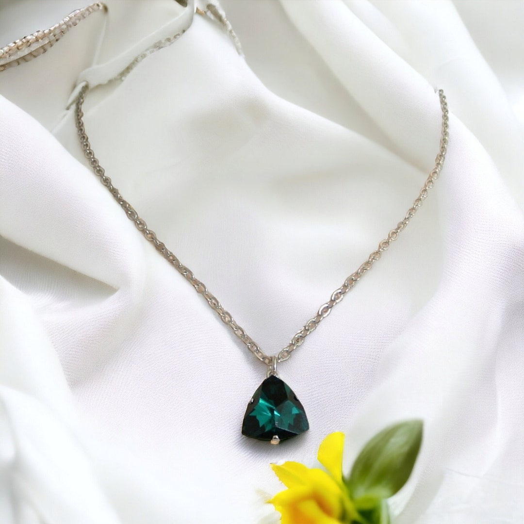 Crystal Necklace, Emerald Green, Pyramid Triangle Shaped, Silver Chain ...
