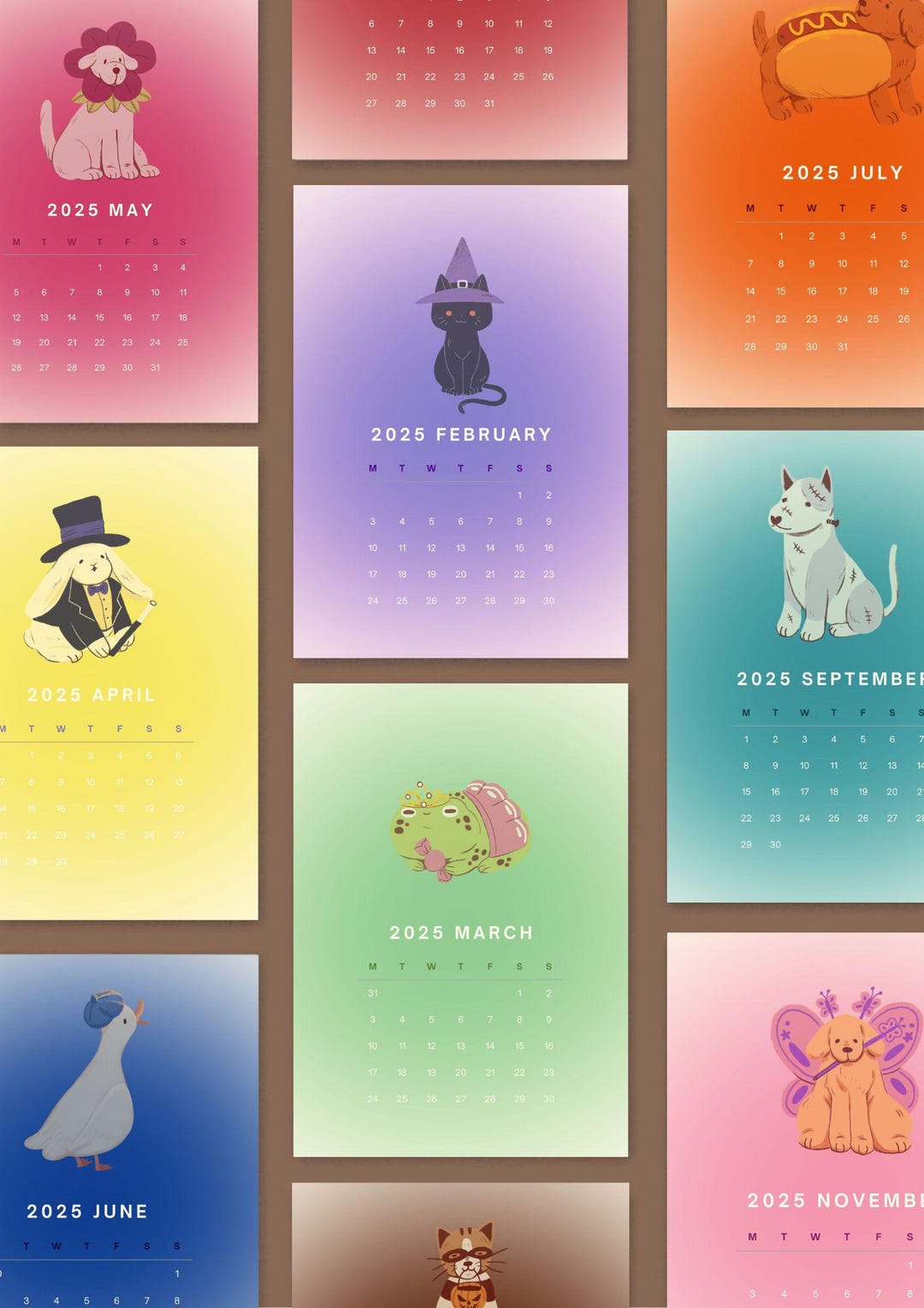 Colorful Calendar Posters With Cute Animal Cartoons - Etsy