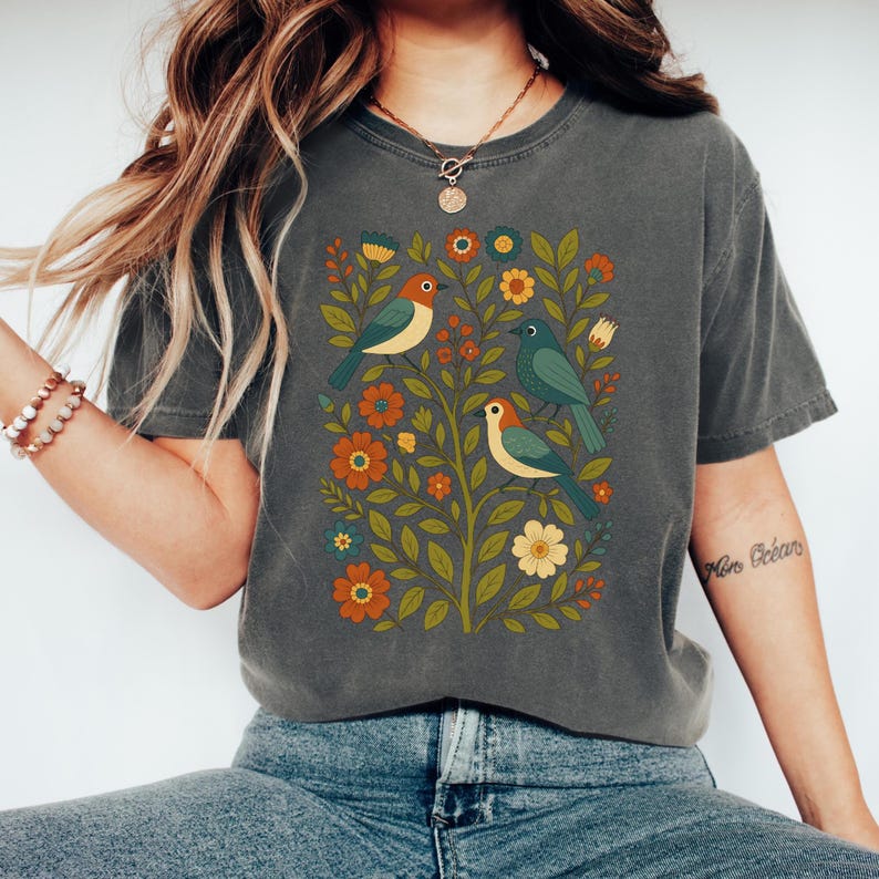 Cottagecore Birds and Flowers Unisex T-shirt: Folk Art Scandi Tee - Etsy