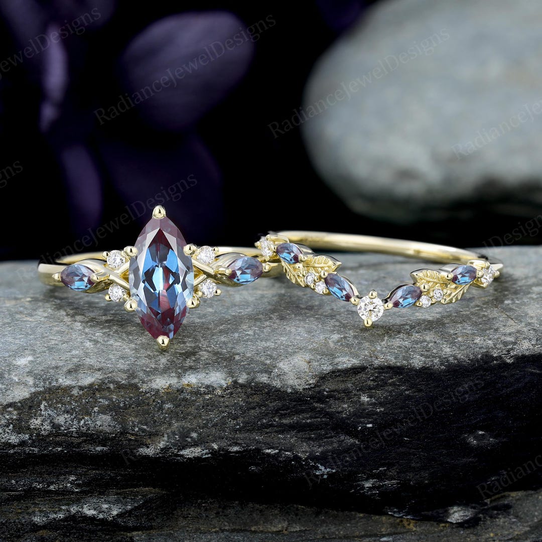 Marquise Cut Alexandrite Engagement Ring Set Yellow Gold Cluster ...