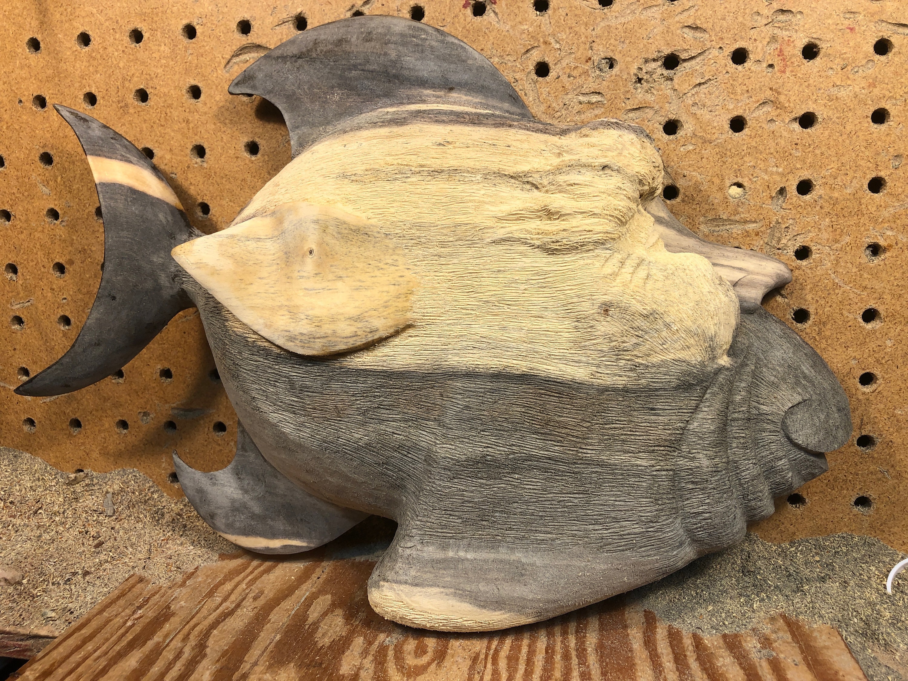 Whimsical carved wood Fish wood carving Ooak fishing sculpture Gift