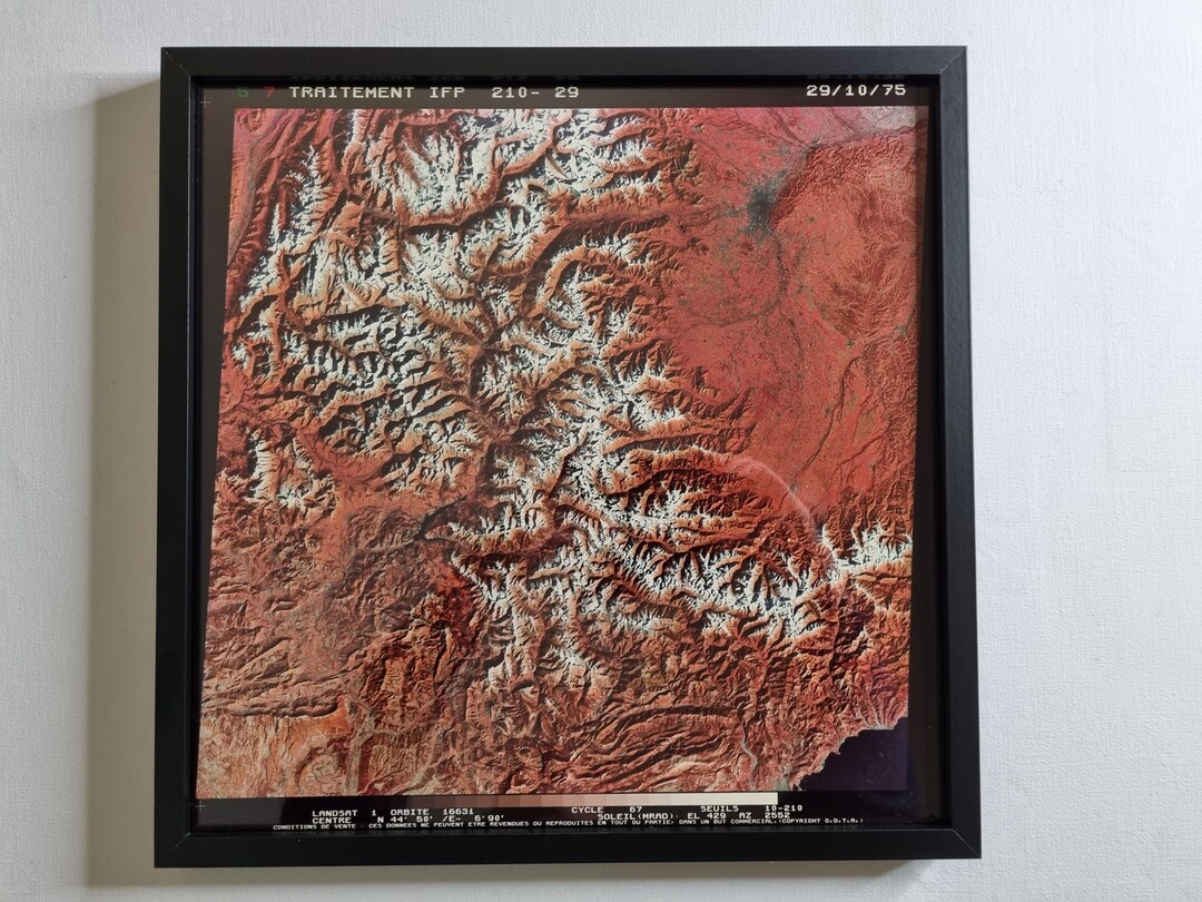 Framed Landsat 1975 Satellite Photograph – Mountainous Relief, Infrared ...