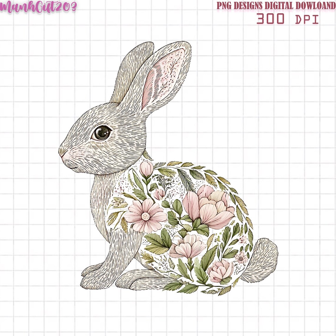 Floral Bunny Machine Embroidery Design – Easter Rabbit Pattern, Floral ...