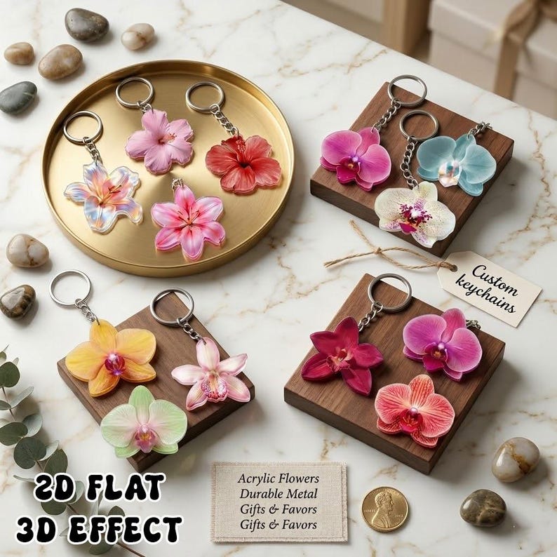 Orchid Flower Keychain, Floral Acrylic Keychain, Cute Flower Keyring ...