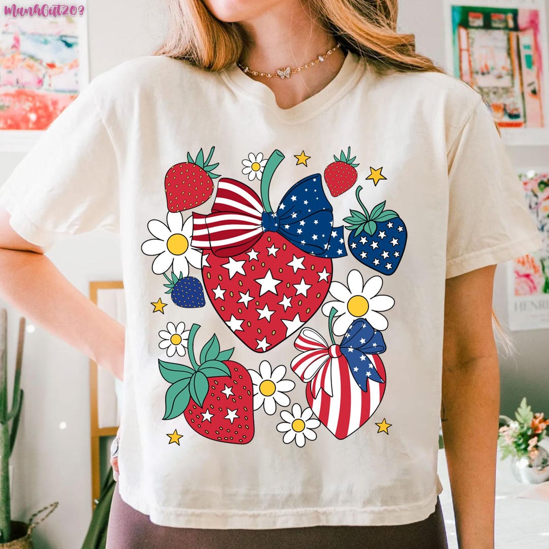 Boho 4th of July Strawberry PNG, Patriotic Bow Sublimation Design ...
