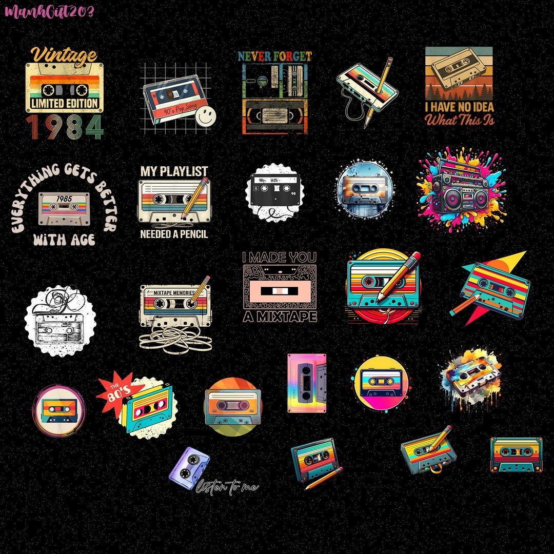 20+ Vintage 1985 PNG Bundle, Retro Cassette Tape Sublimation, 80s Music ...