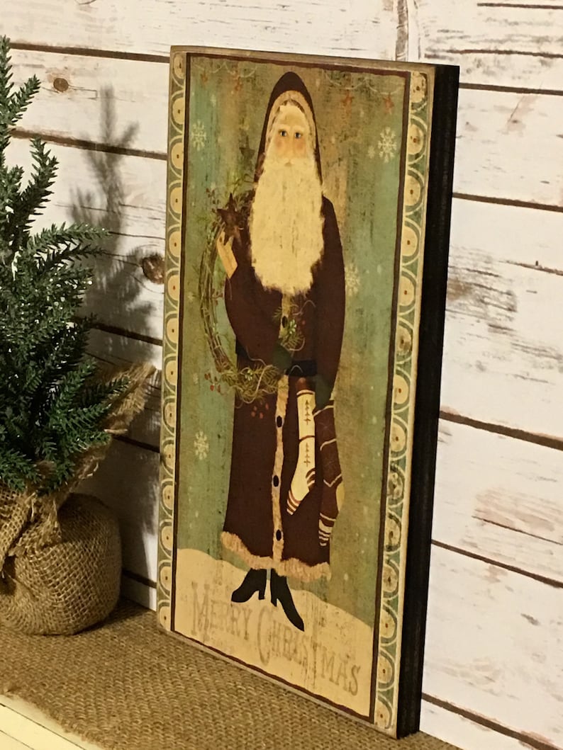 Primitive Santa Signsanta Holding Wreath Signprimitive Santa | Etsy