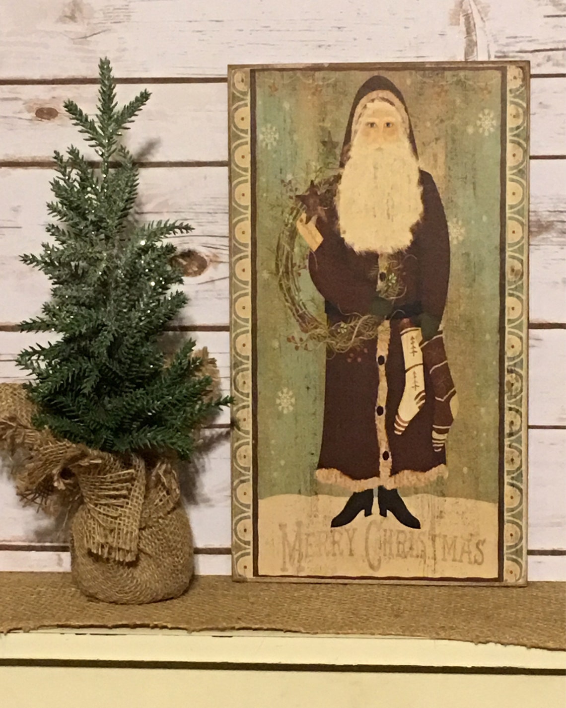 Primitive Santa Signsanta Holding Wreath Signprimitive Santa | Etsy