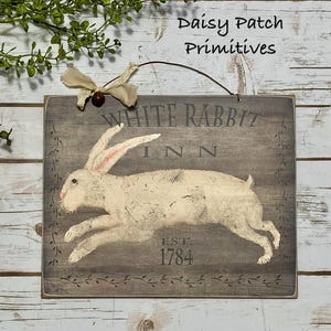 Primitive Folk Art Rabbit Wooden Sign ~ White Rabbit Inn Wood Sign ...
