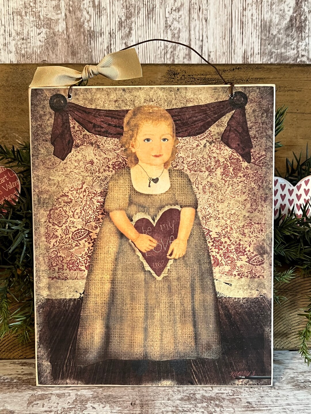 Folk Art Valentine Sign: Primitive Girl With Heart - Etsy