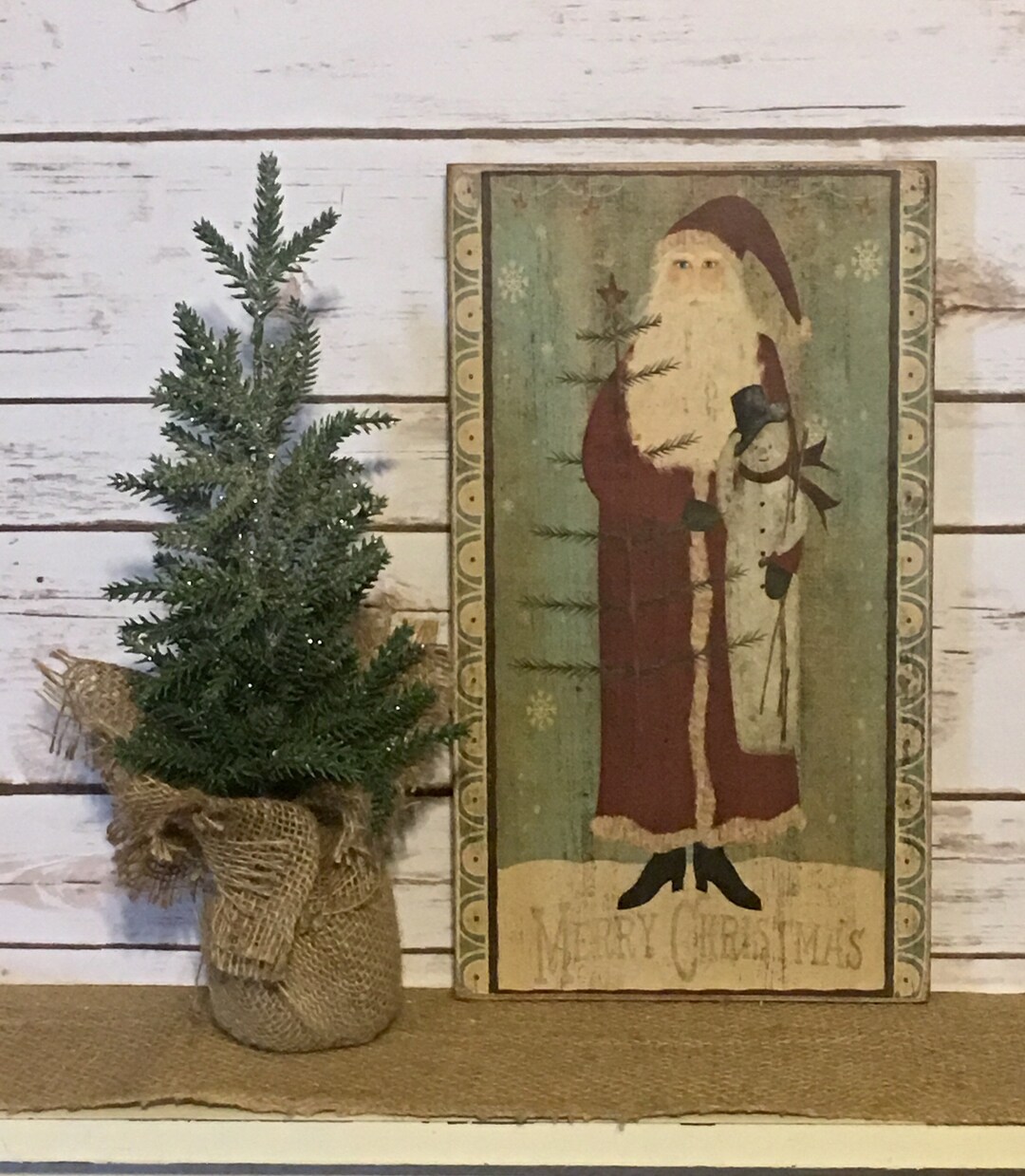 Primitive Christmas Santa Sign -santa With Snowman Sign - Folk Art ...