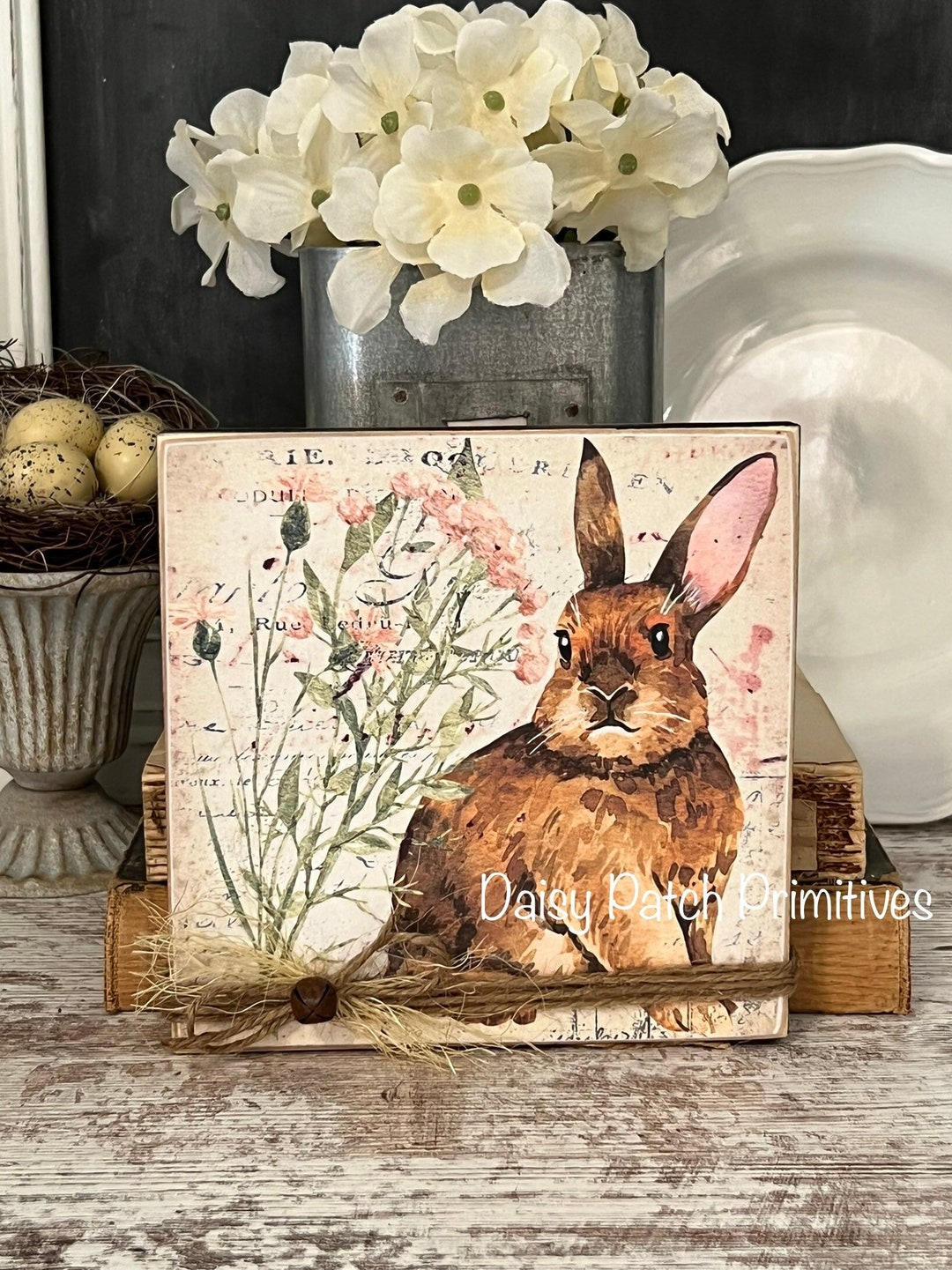 Vintage Rabbit With Pink Flowers ~ Primitive Rabbit Sign ~ Rustic ...