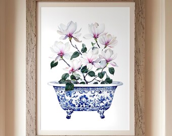 Blue Floral Chinoiserie Bathtub Printable Wall Art, Vintage Toile ...