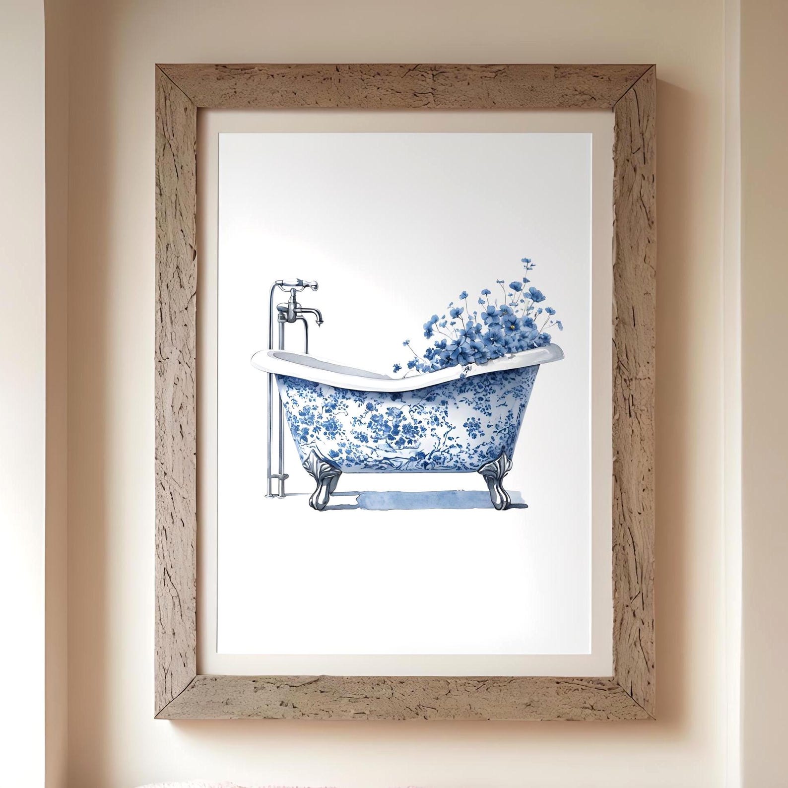 Blue Floral Chinoiserie Bathtub Printable Wall Art, Vintage Toile ...