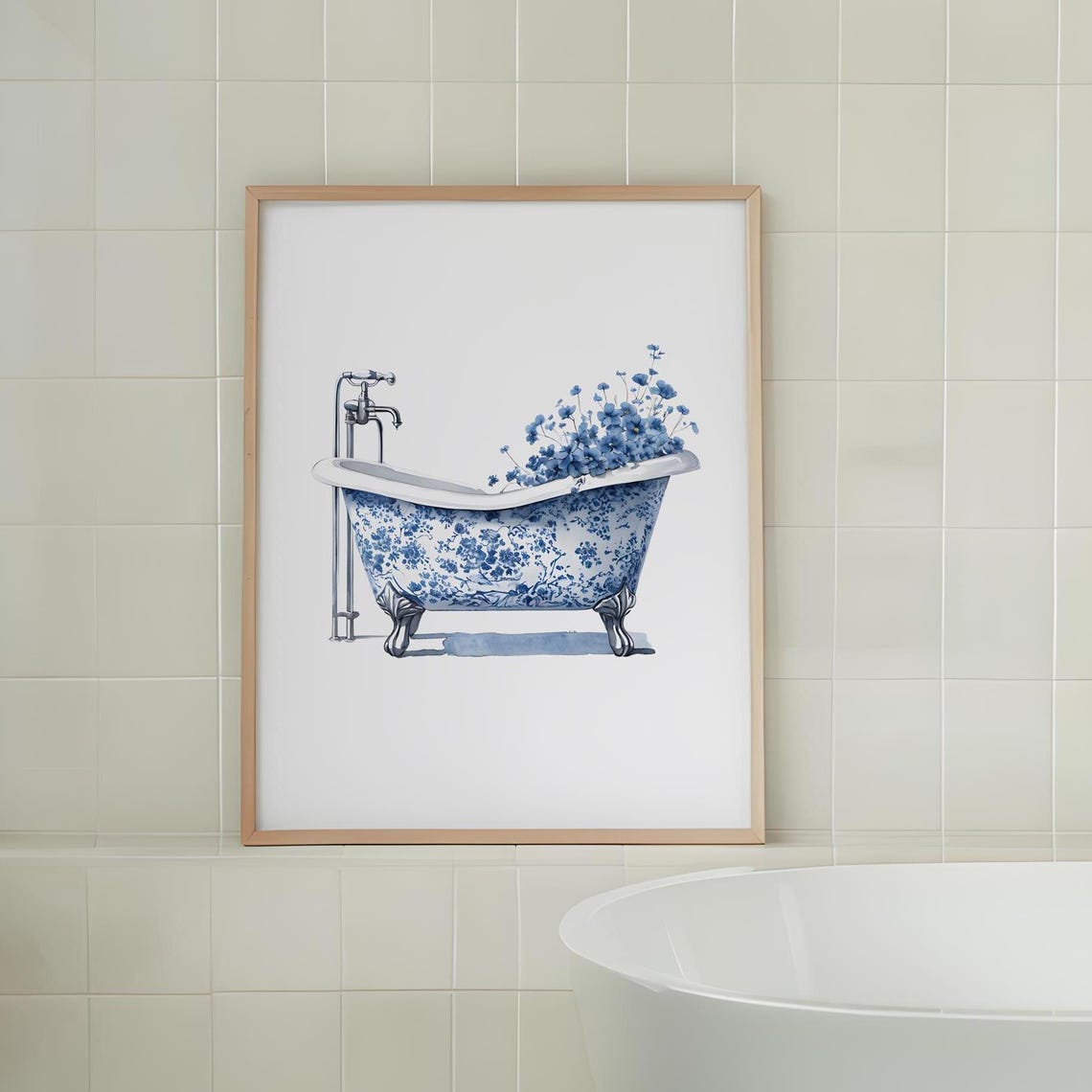 Blue Floral Chinoiserie Bathtub Printable Wall Art, Vintage Toile ...