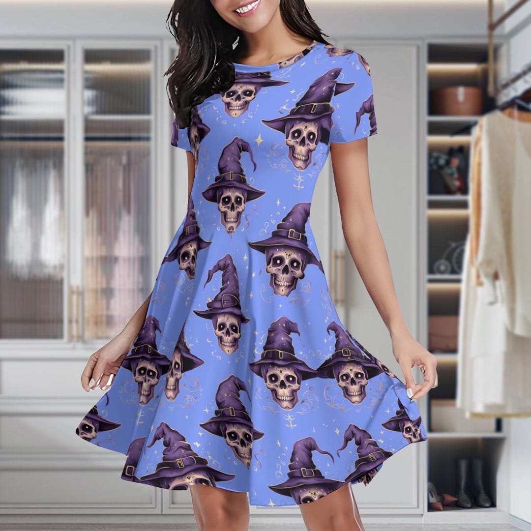 Skull Witch Dress, Blue Dress With Skulls, Witchcore Dress, A-line ...