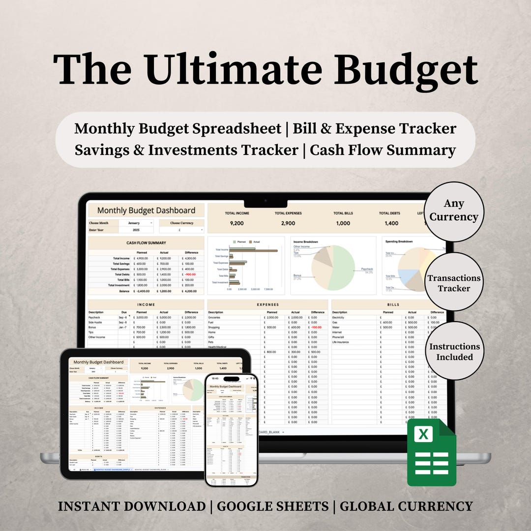 Monthly Budget Planner Spreadsheet, Google Sheets Budget, Simple Budget ...
