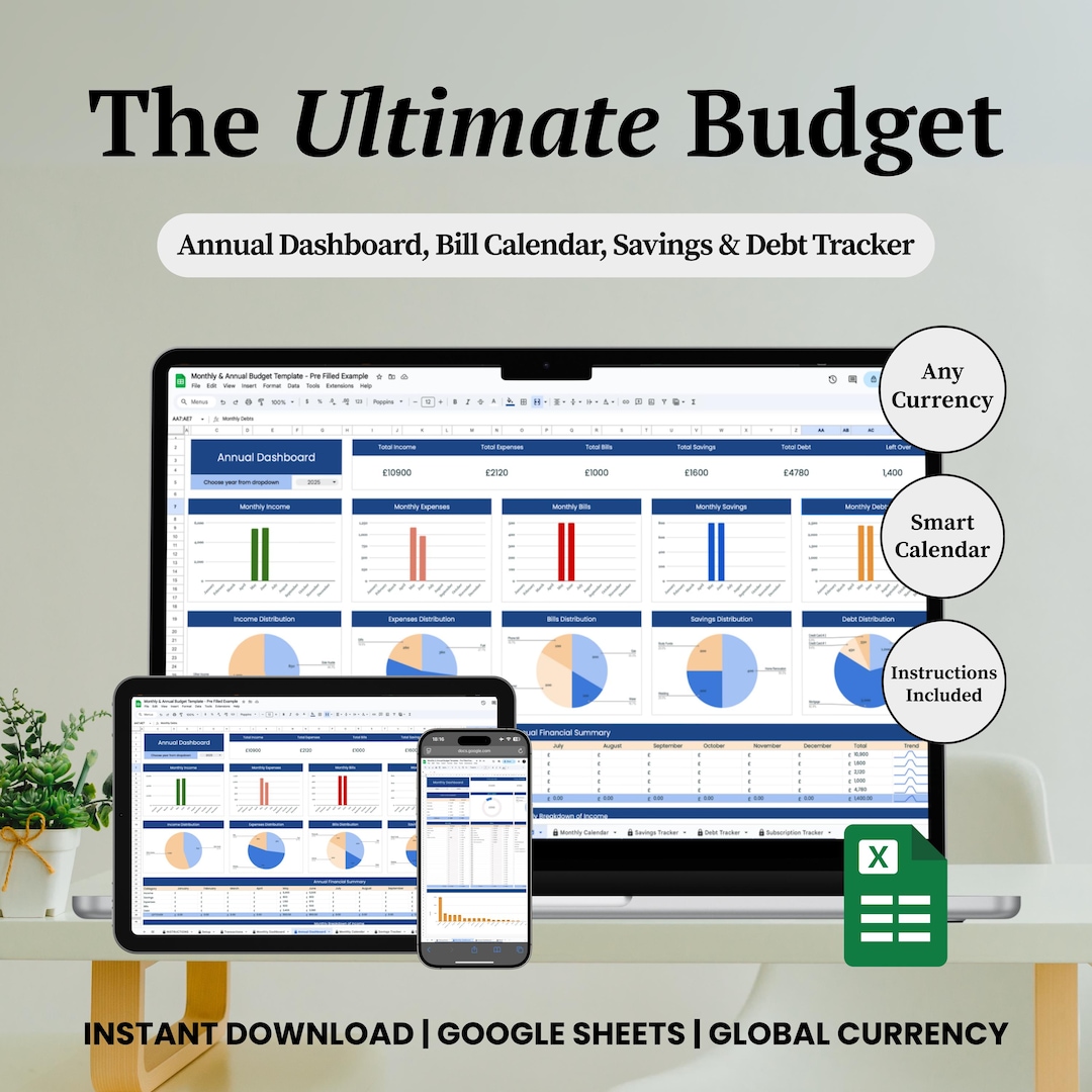 Monthly & Annual Budget Spreadsheet for Google Sheets, Paycheck Budget ...