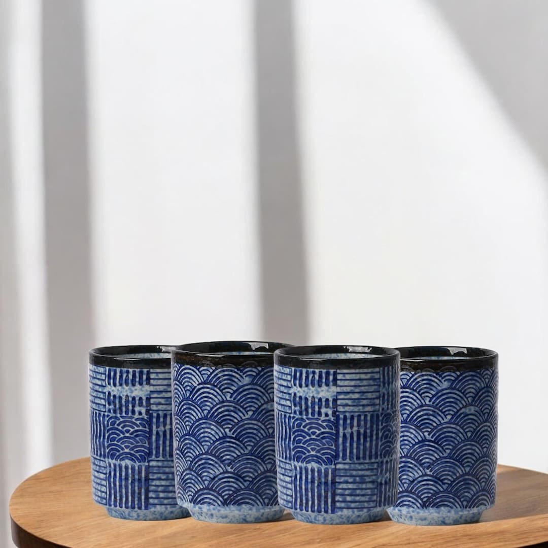 Blue and Black Japanese Ceramic Coffee Mug | Retro No Handle Tea Cup ...