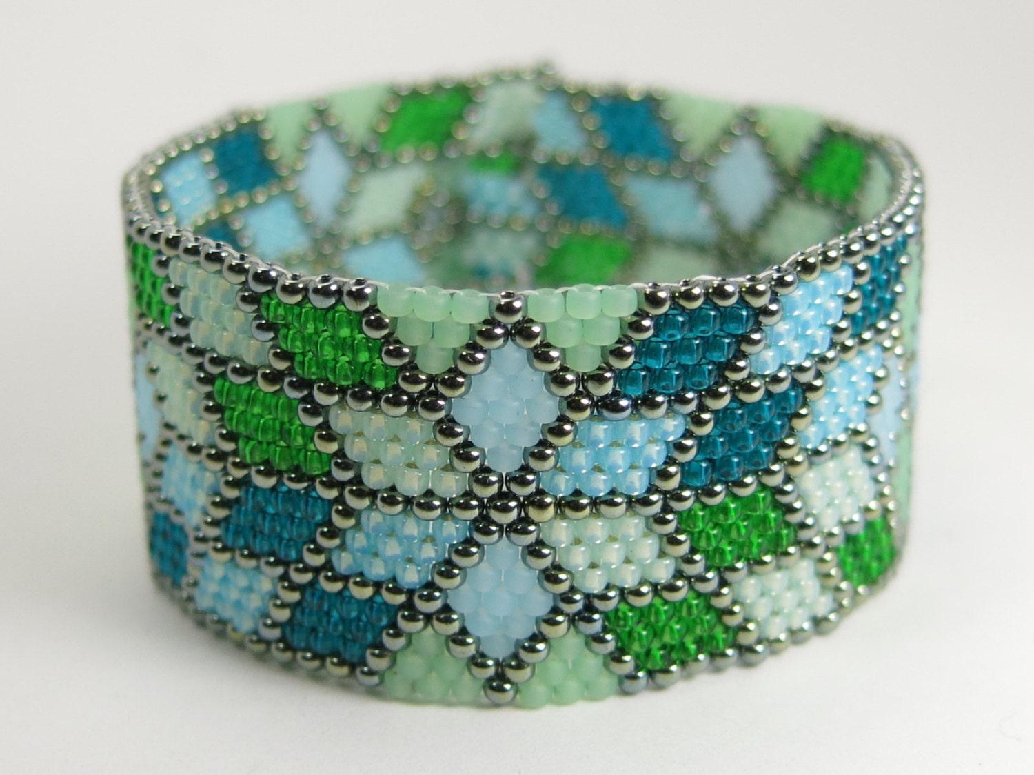 Seed Beaded Peyote Bracelet in Blue and Green Seed Beads With - Etsy