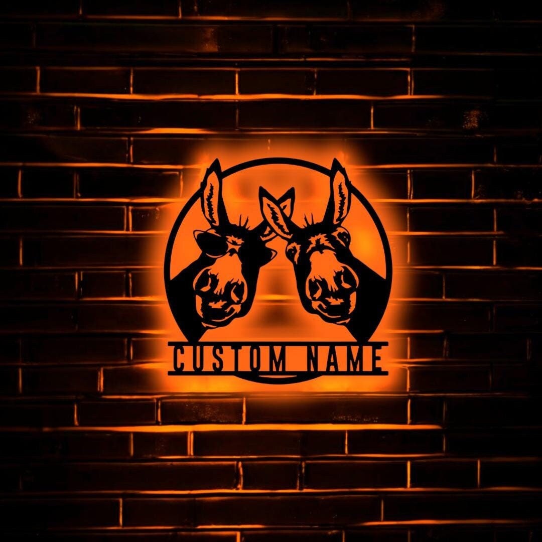 Custom Funny Two Donkey Farmhouse Wood Wall Art Led Light Custom Cute ...