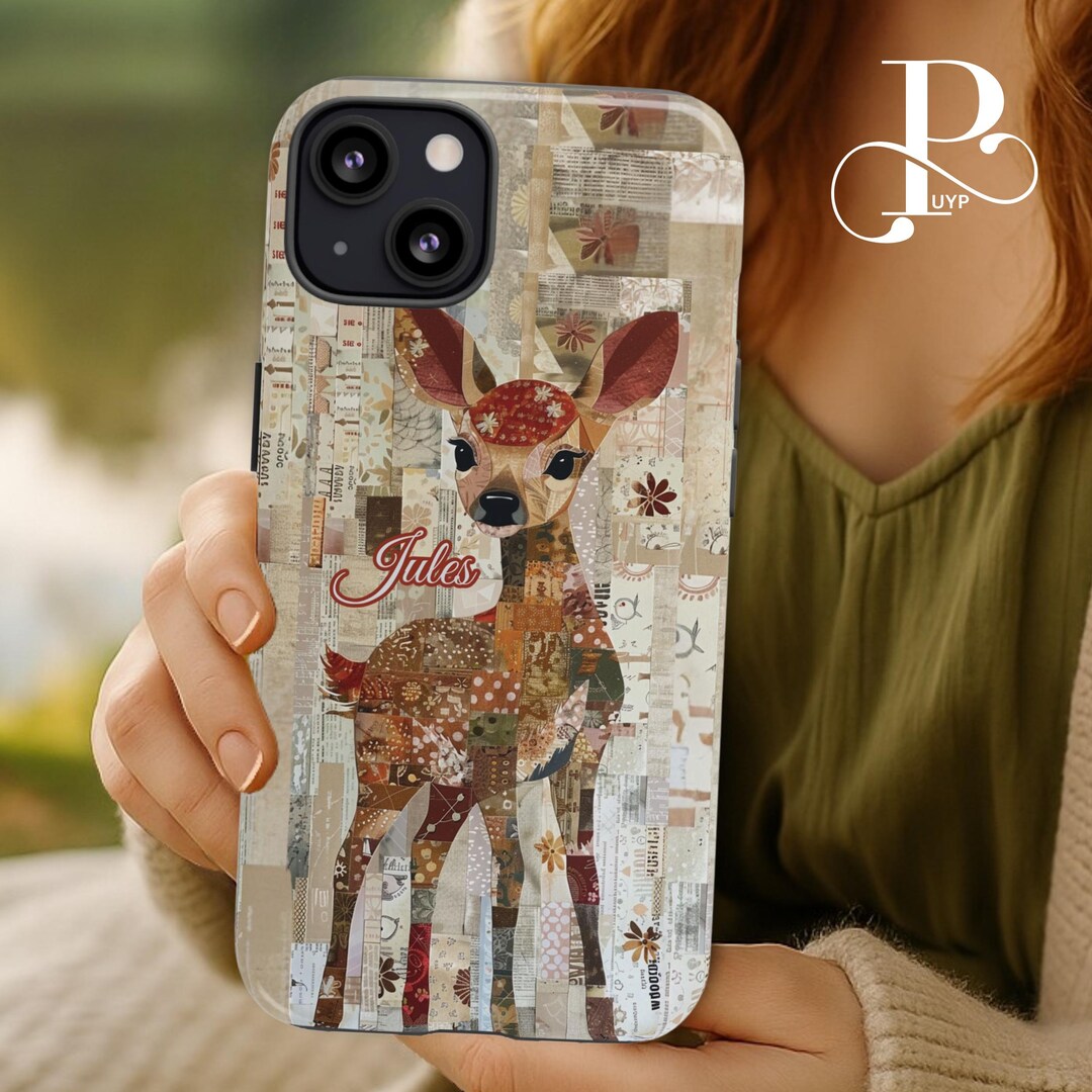 Custom Deer Phone Case With Name, Patchwork Fawn, Personalized Woodland ...