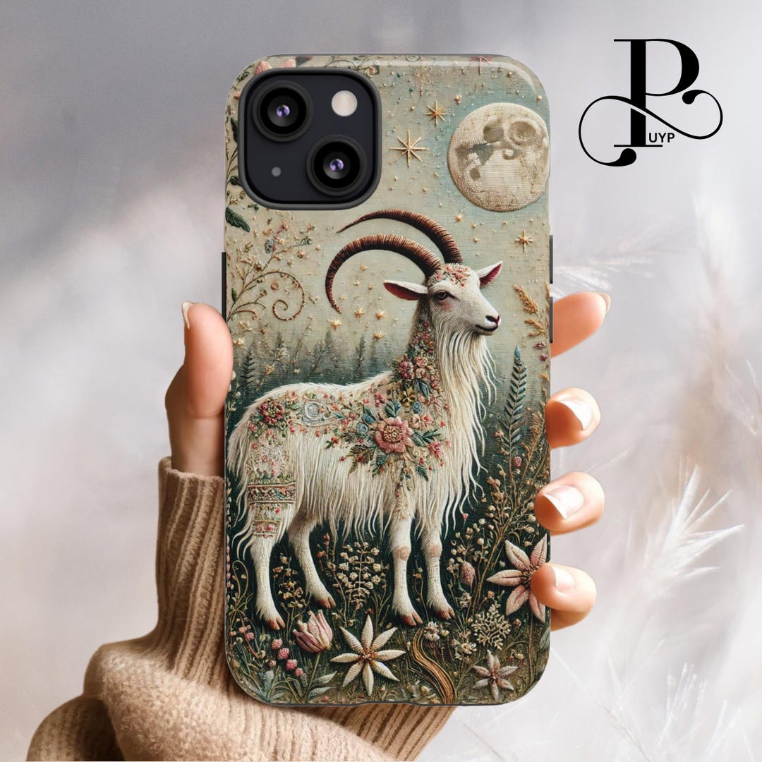 Goat Phone Case, Embroidered Floral Print, Mystical Moonlit Design ...