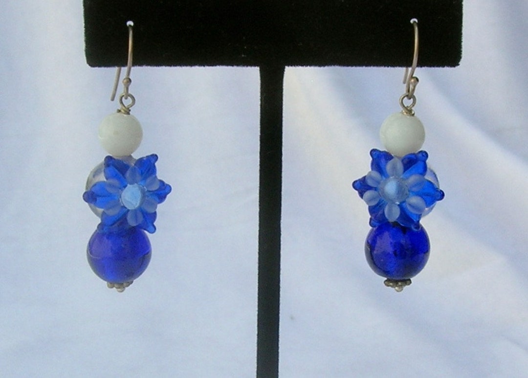 Blue & White Flower Earrings, 3 Glass Beads, Sterling Silver Ear Wires ...