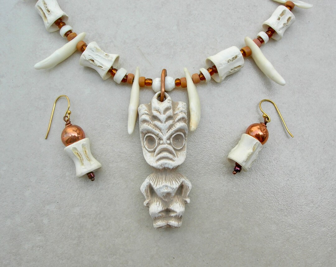Fierce Hawaii Tiki God, Coyote Teeth, Fish Vertebrae, Puka Shells, Bone ...