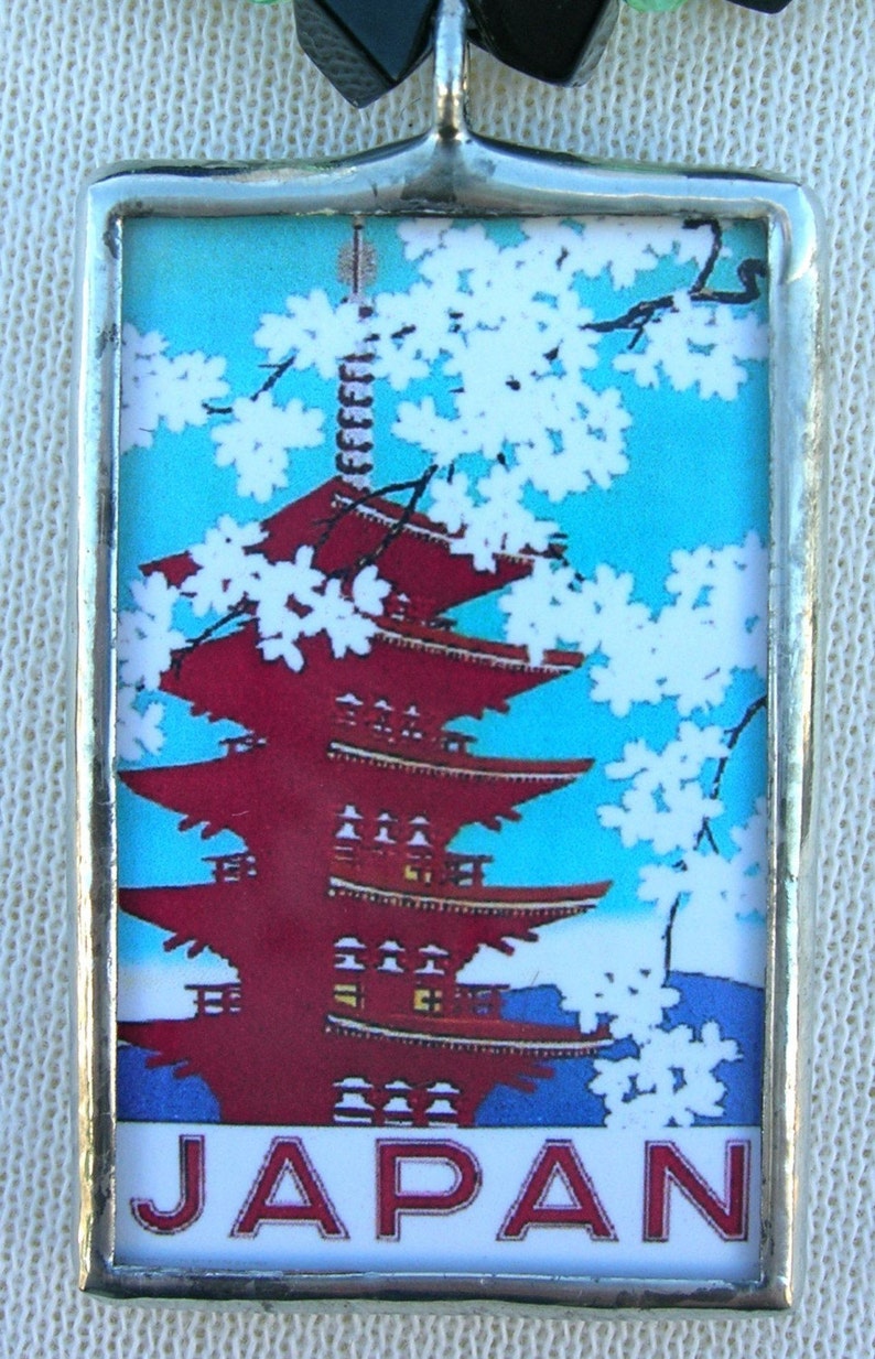 Japanese Beauty & Pagoda, Reversible Antique Pendant, Onyx and Crystal ...