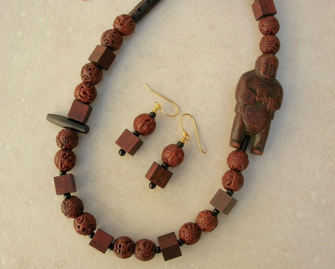 Mendicant Wood Buddhist Monk Necklace, Square Wood Beads & Carved ...