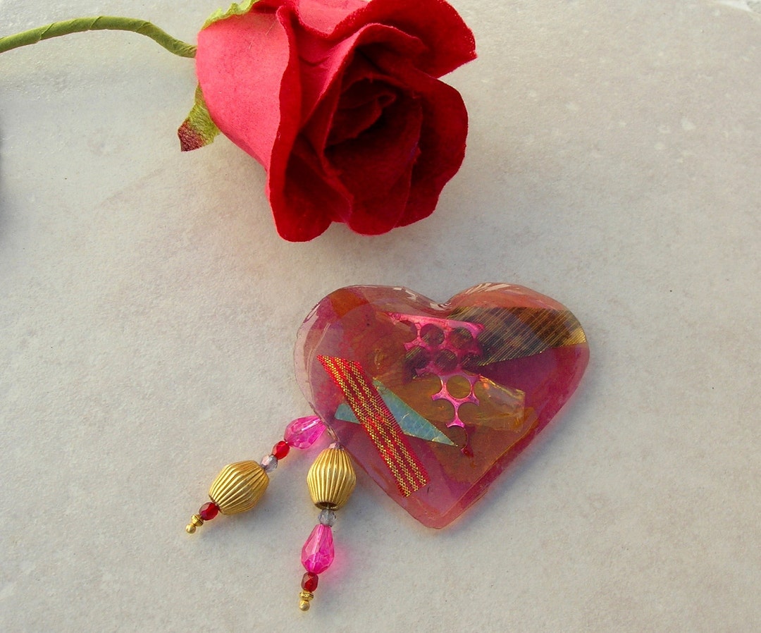 Unusual Pinkish Red Heart Pin, Abstract Design, Removable Gold Vermeil ...